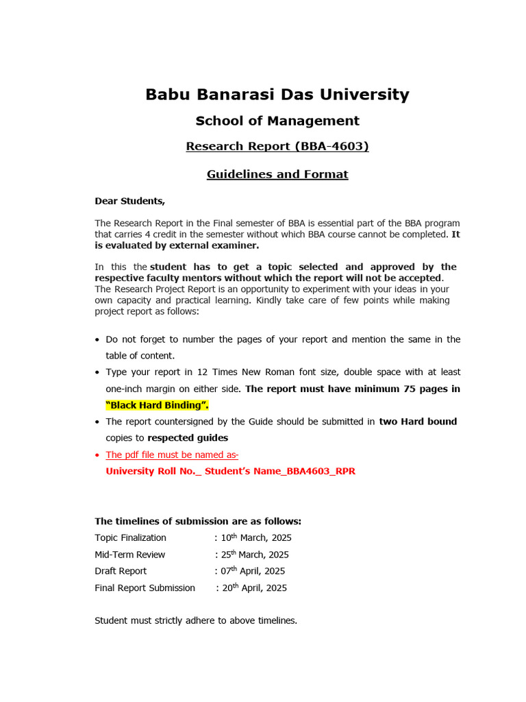 Final Research Project Report (BBA-4603) Guidelines 2025 | PDF ...