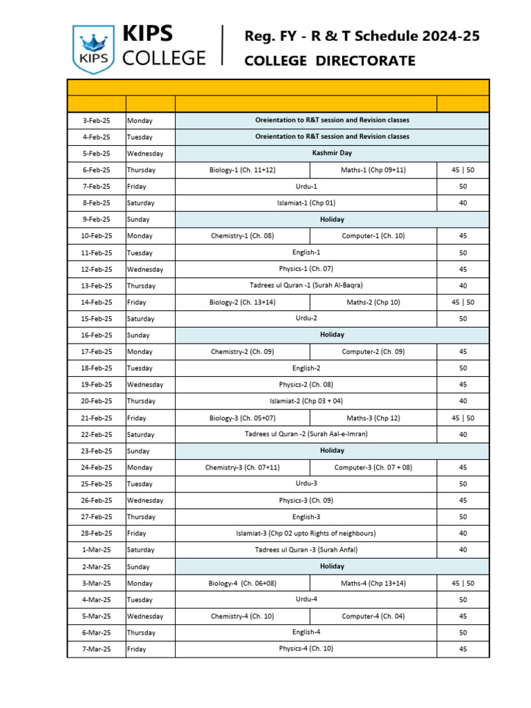 02 Reg FY (Revised Schedule R&T) 2024-25 | PDF