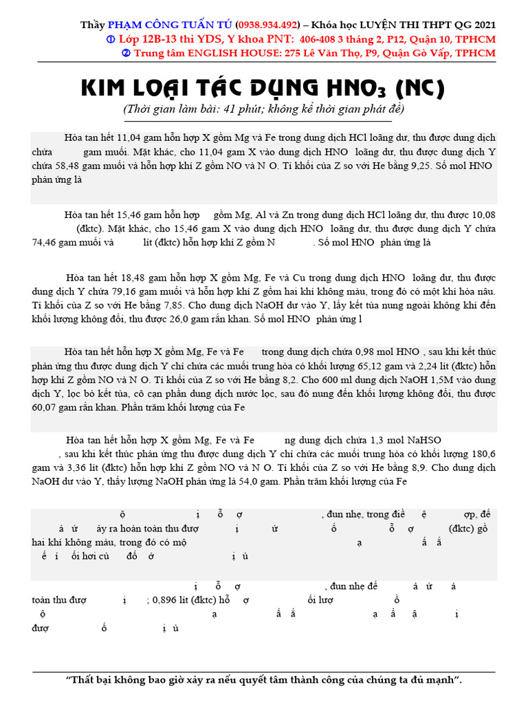 KIM LOẠI + HNO3 (NC) | PDF