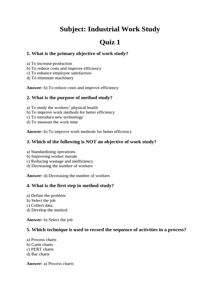 Ind Work Study Quiz 1 | PDF | Employment | Efficiency