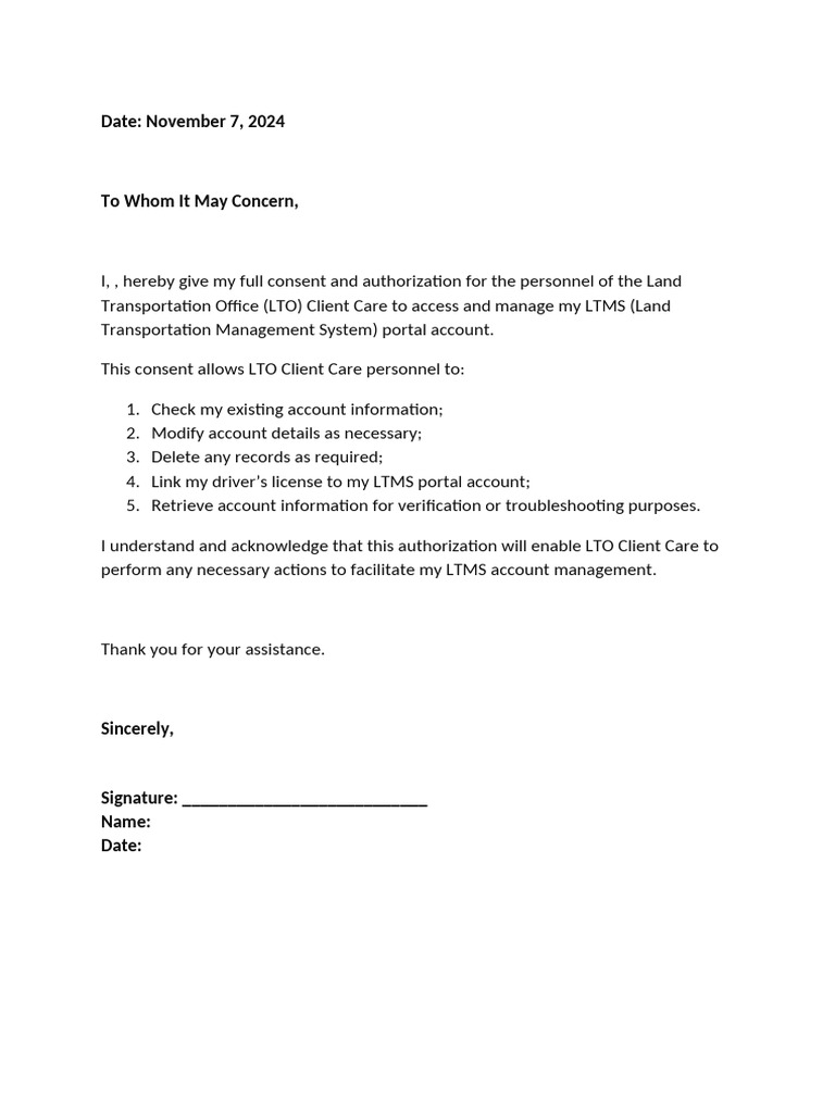 LTO LTMS Account Authorization Consent | PDF