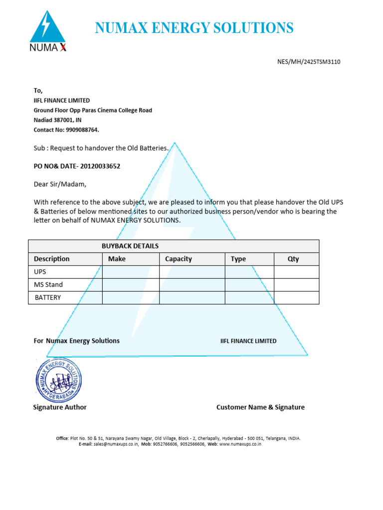 Old Battery Handover Request - Numax | PDF