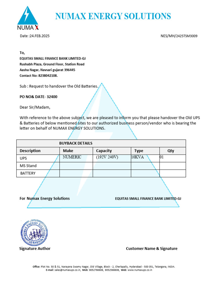 Request for Old Battery Handover | PDF