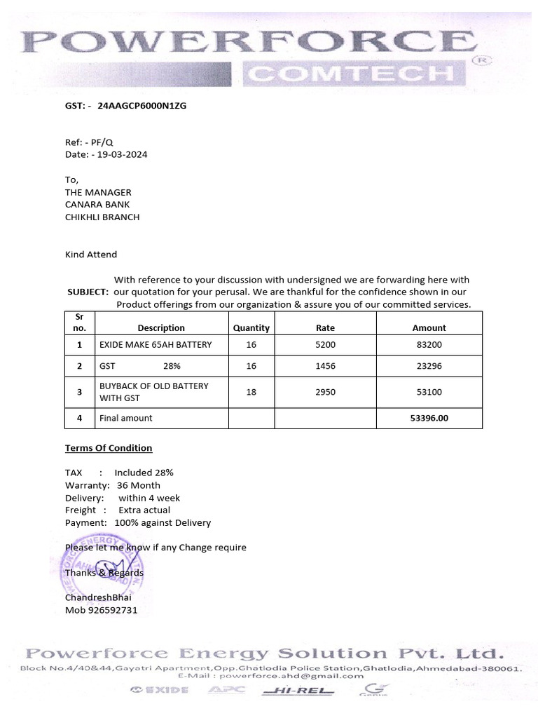 Quotation for EXIDE Batteries and Terms | PDF