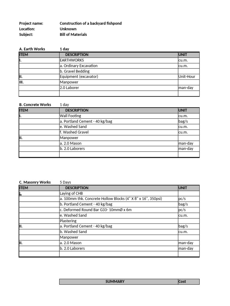 Bill-of-Materials | PDF | Masonry | Concrete