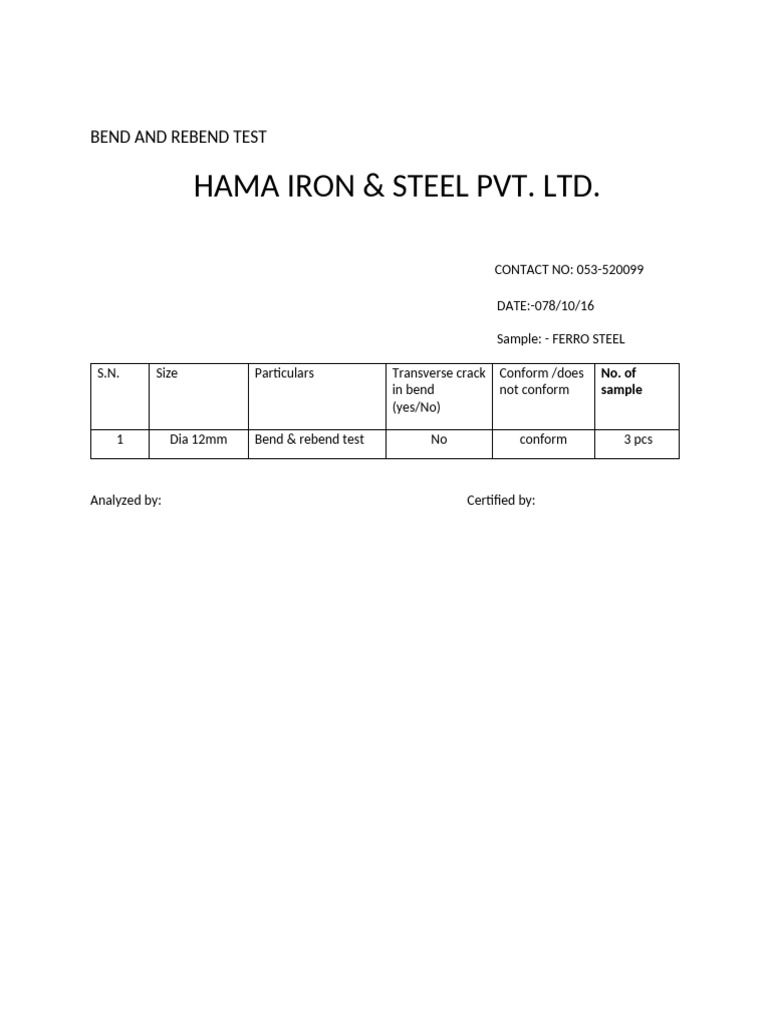 Bend and Rebend Test Results for Ferro Steel | PDF