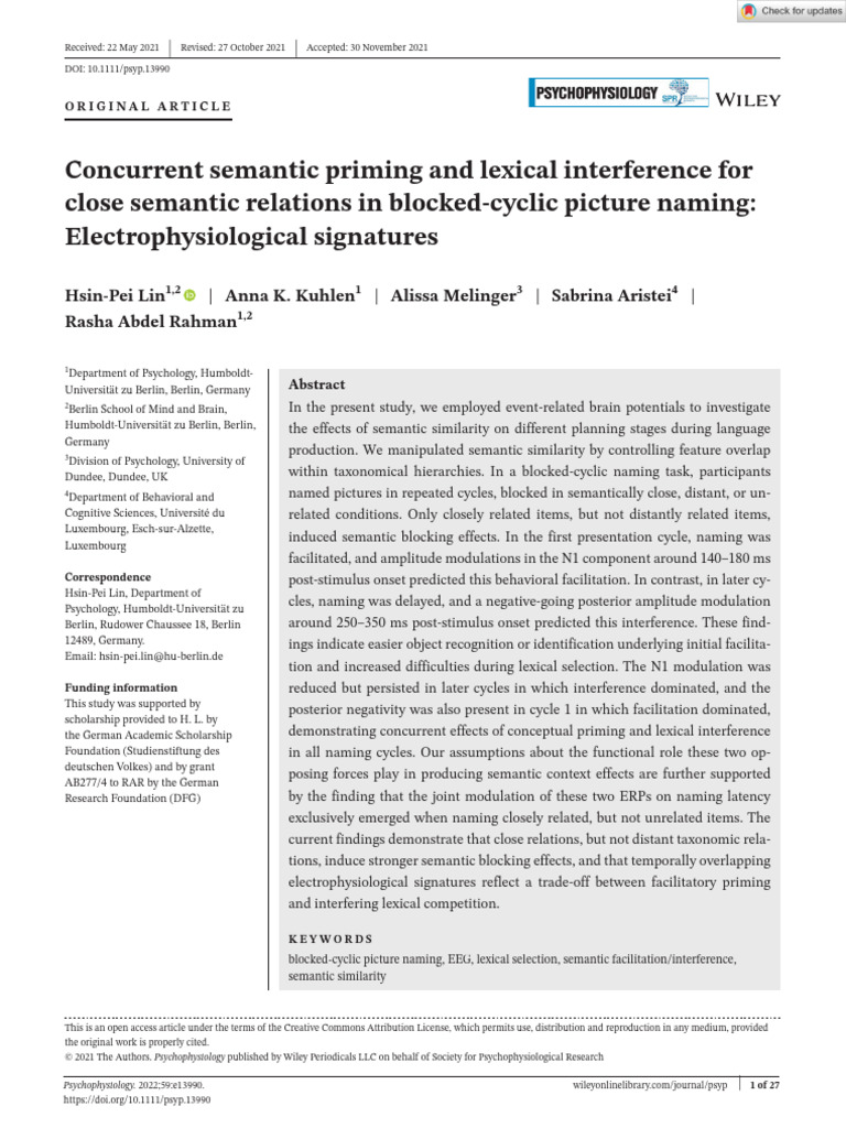 Psychophysiology - 2021 - Lin - Concurrent Semantic Priming and Lexical Interference For Close ...