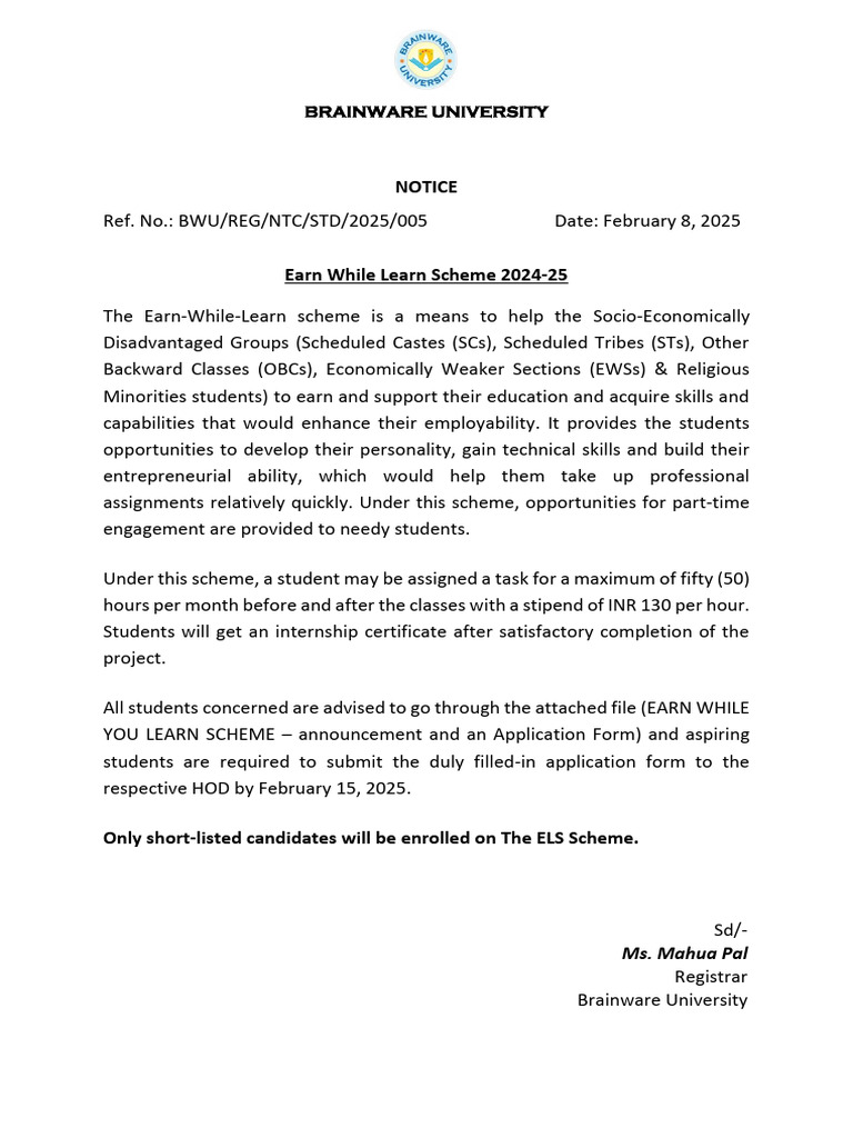 Student Notice 2025 - 02!08!005 Earn While Learn Scheme 2024-25 Notice | PDF