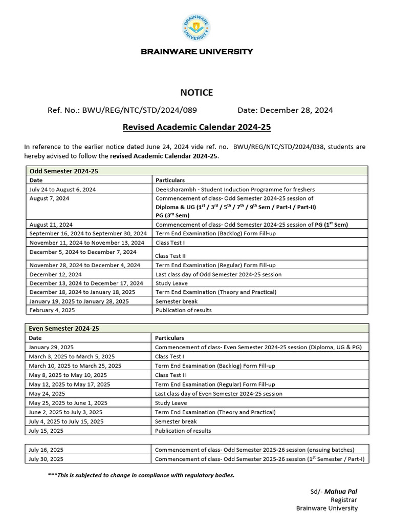 Student Notice 2024-12-28 Revised Academic Calendar 2024-25 | PDF ...