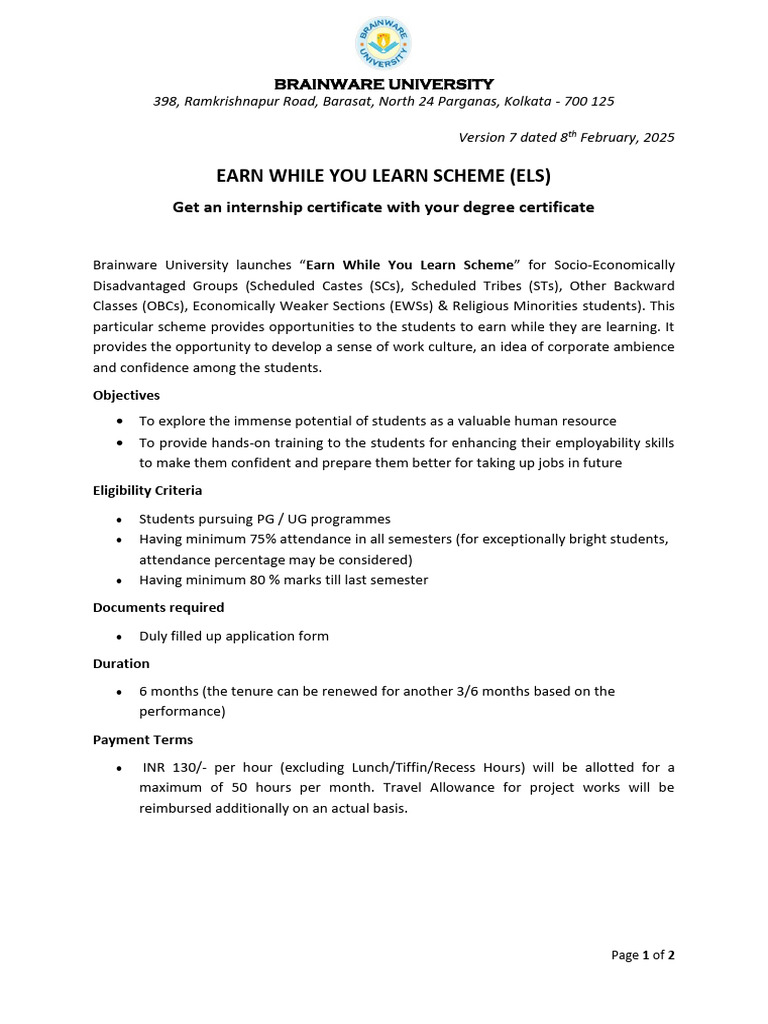 Student Notice 2025 - 02!08!005 Earn While Learn Scheme 2024-25 Details ...