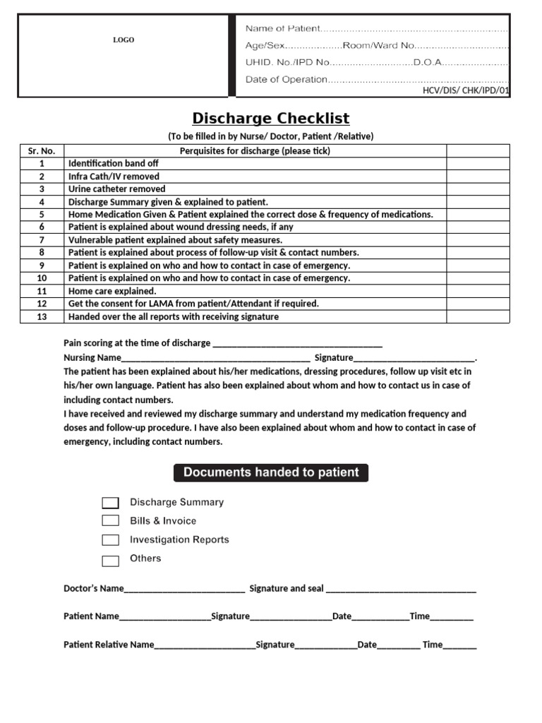 Hospital Discharge Checklist Guide | PDF