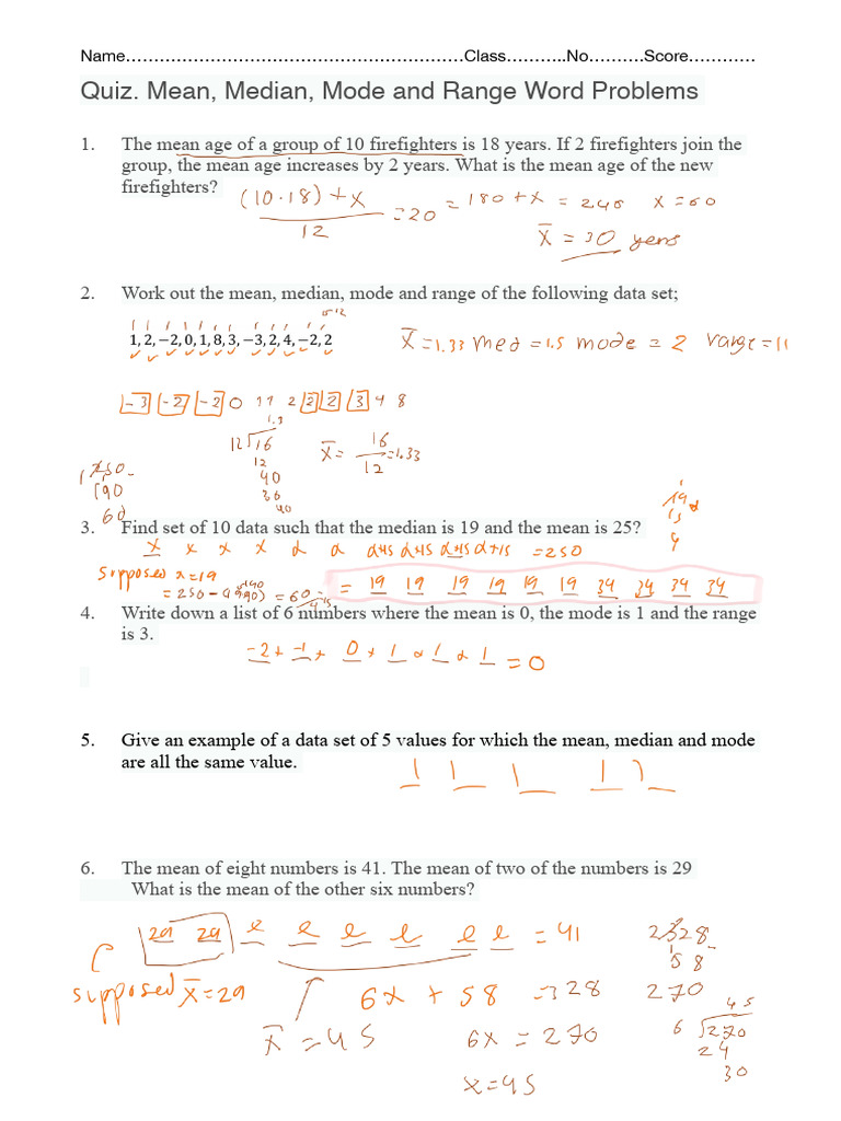 Mean, Median, Mode, Range Quiz | PDF