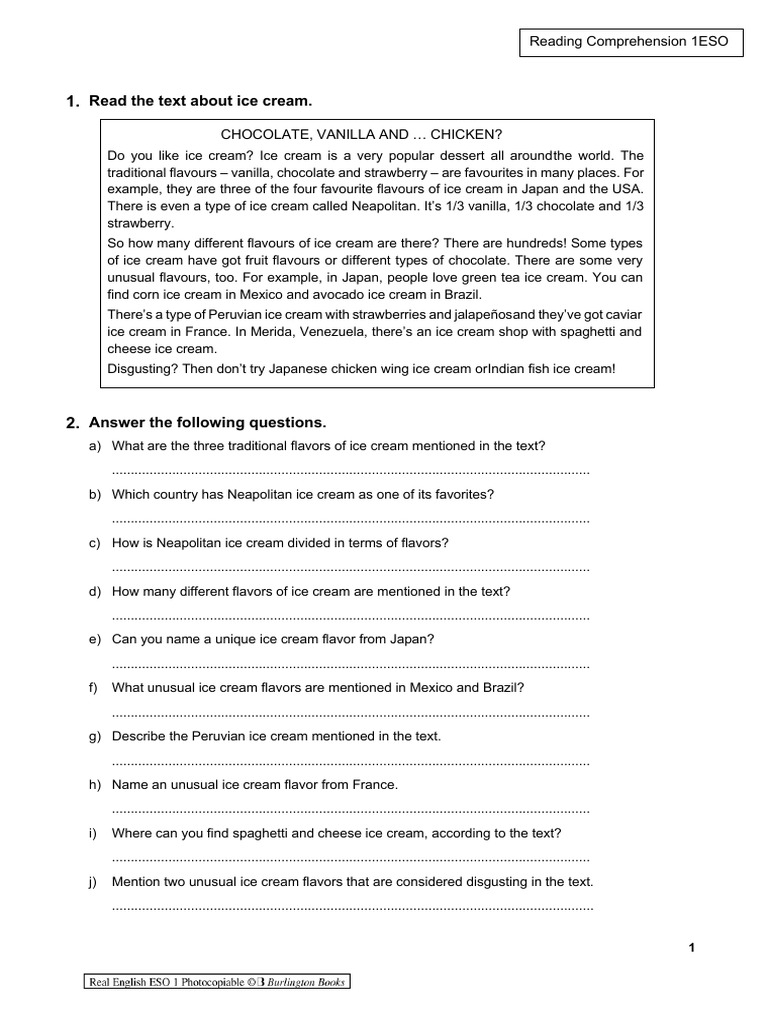 Reading Comprehension | PDF | Ice Cream | Dairy Products