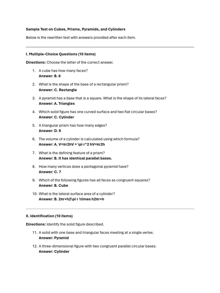 Thea - Sample Test in Math - Cubes Prisms Others | PDF | Triangle ...