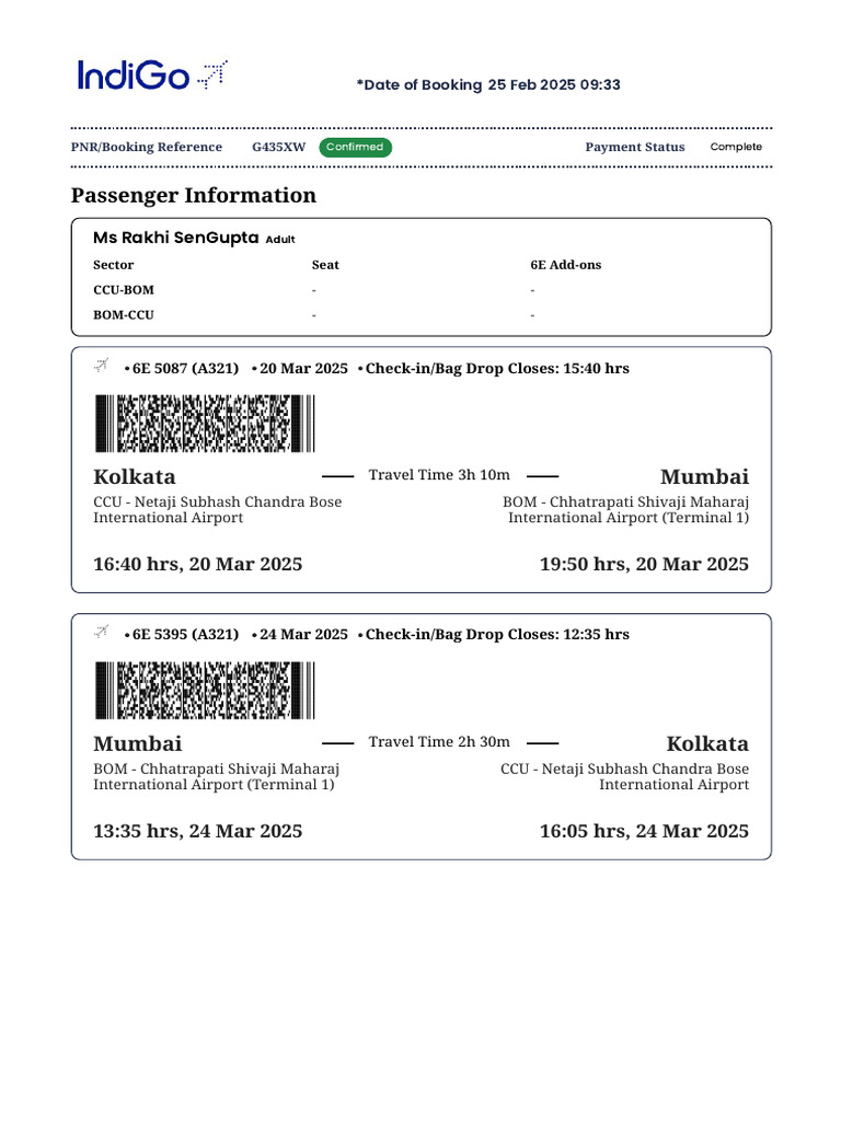 Flight Booking Confirmation for Ms SenGupta | PDF