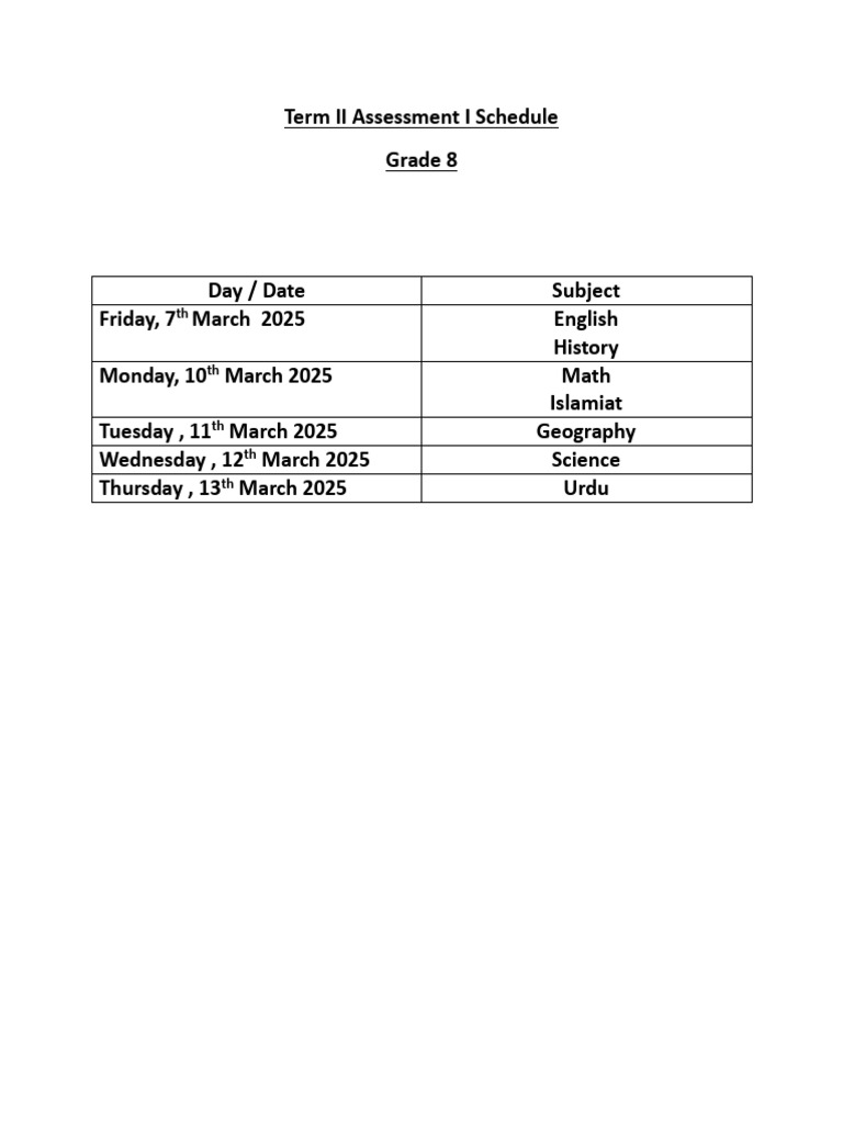 Grade 8 Term II Assessment Schedule | PDF