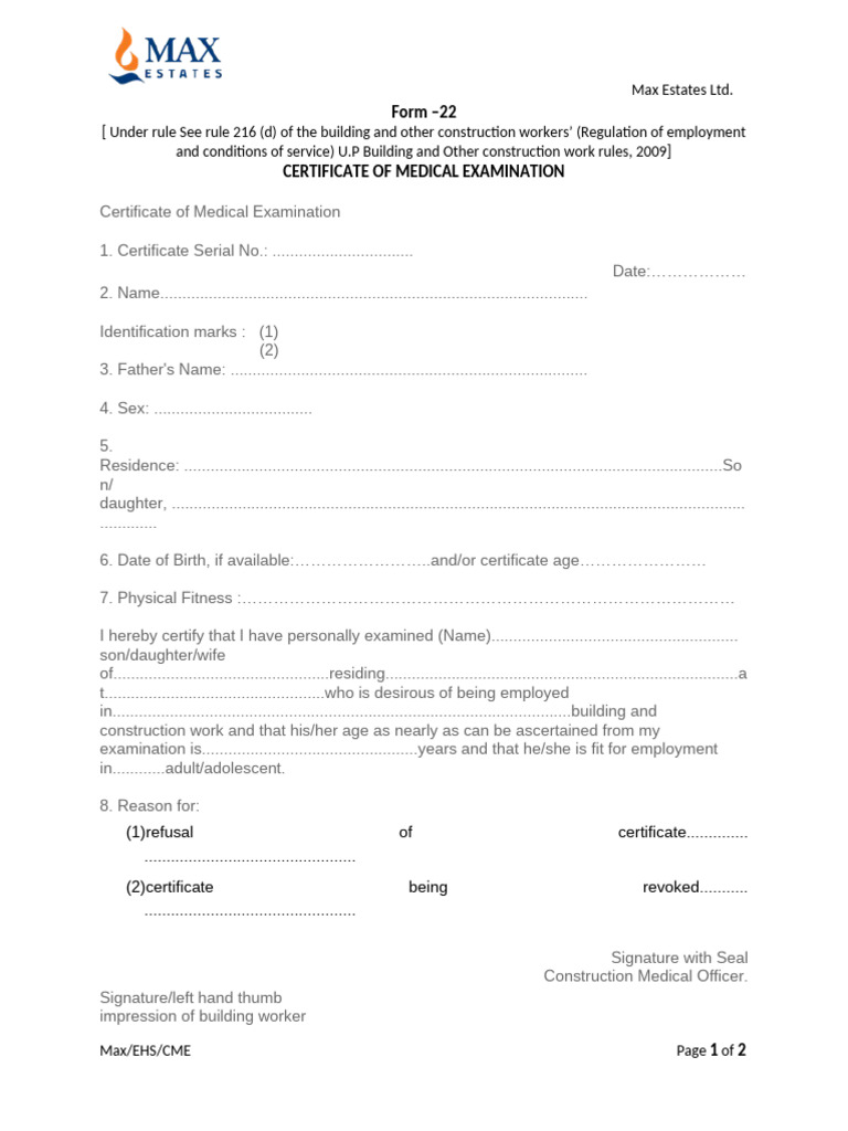 Medical Examination Certificate for Construction Workers | PDF