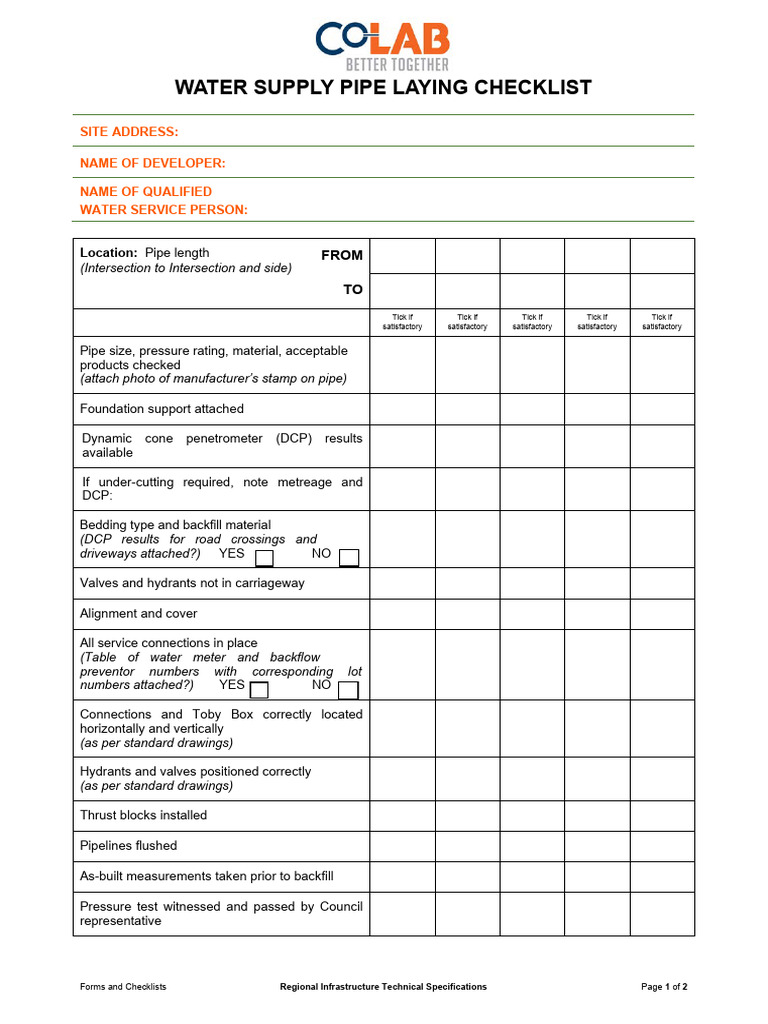 WATER SUPPLY Pipe Laying Checklist | PDF | Hydraulics | Mechanical ...