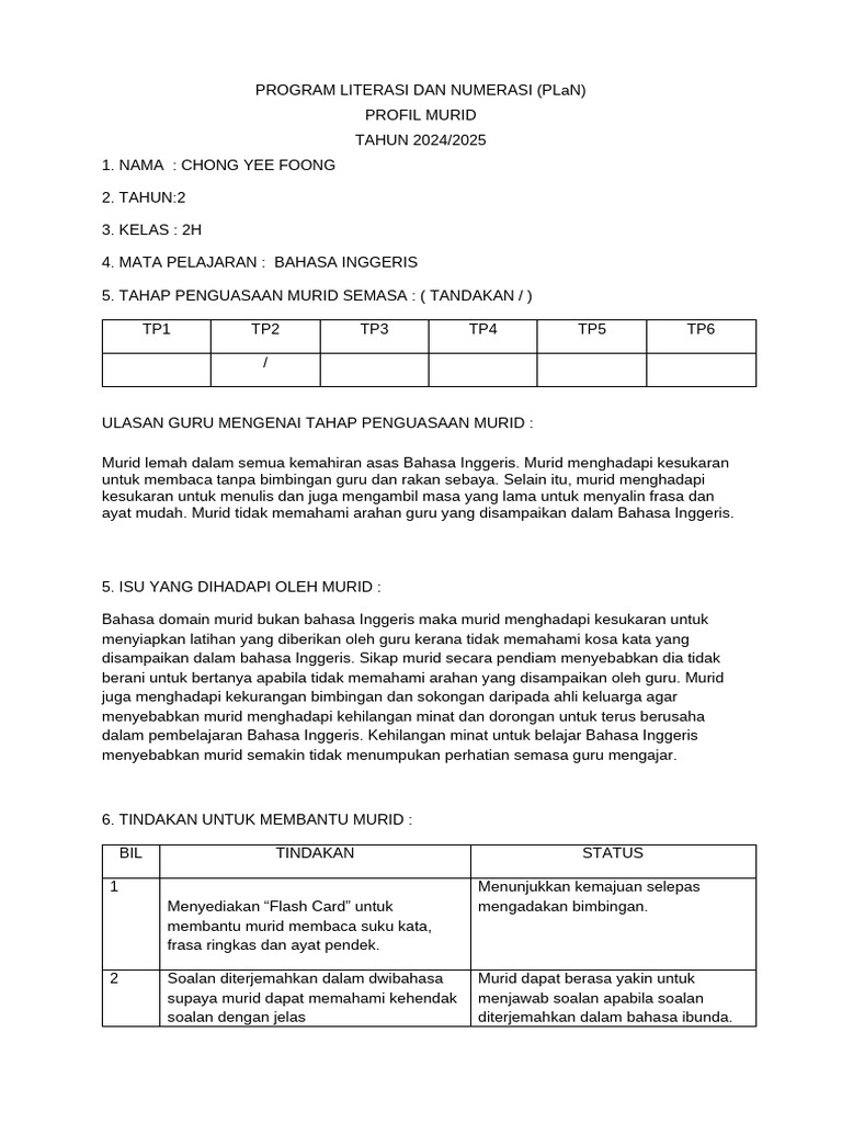 Chong Yee Foong BI Profil Murid PLaN | PDF