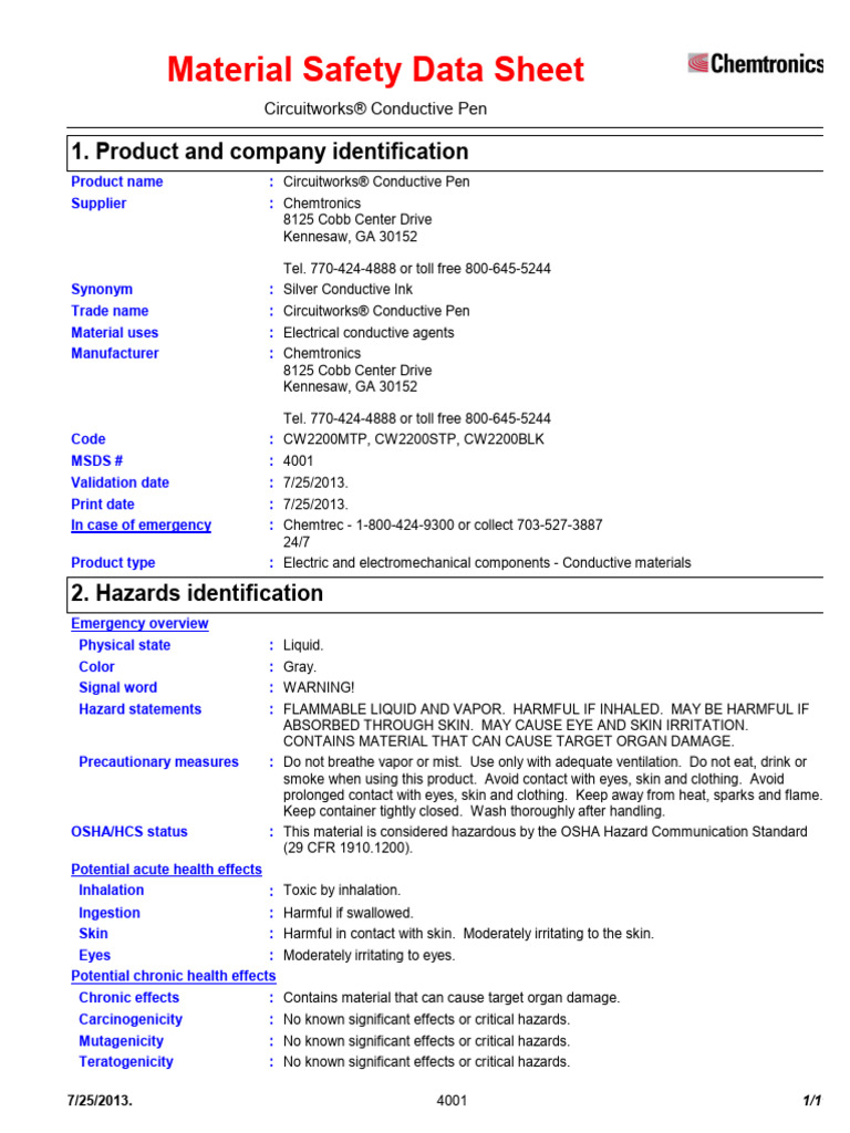 Silver Conductive Ink-MSDS | PDF | Personal Protective Equipment | Waste