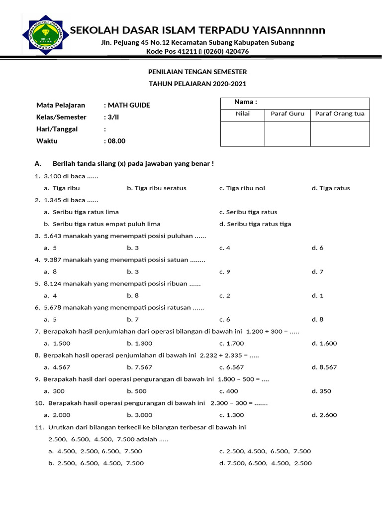 Soal PTS Math Guide Bu Tri | PDF
