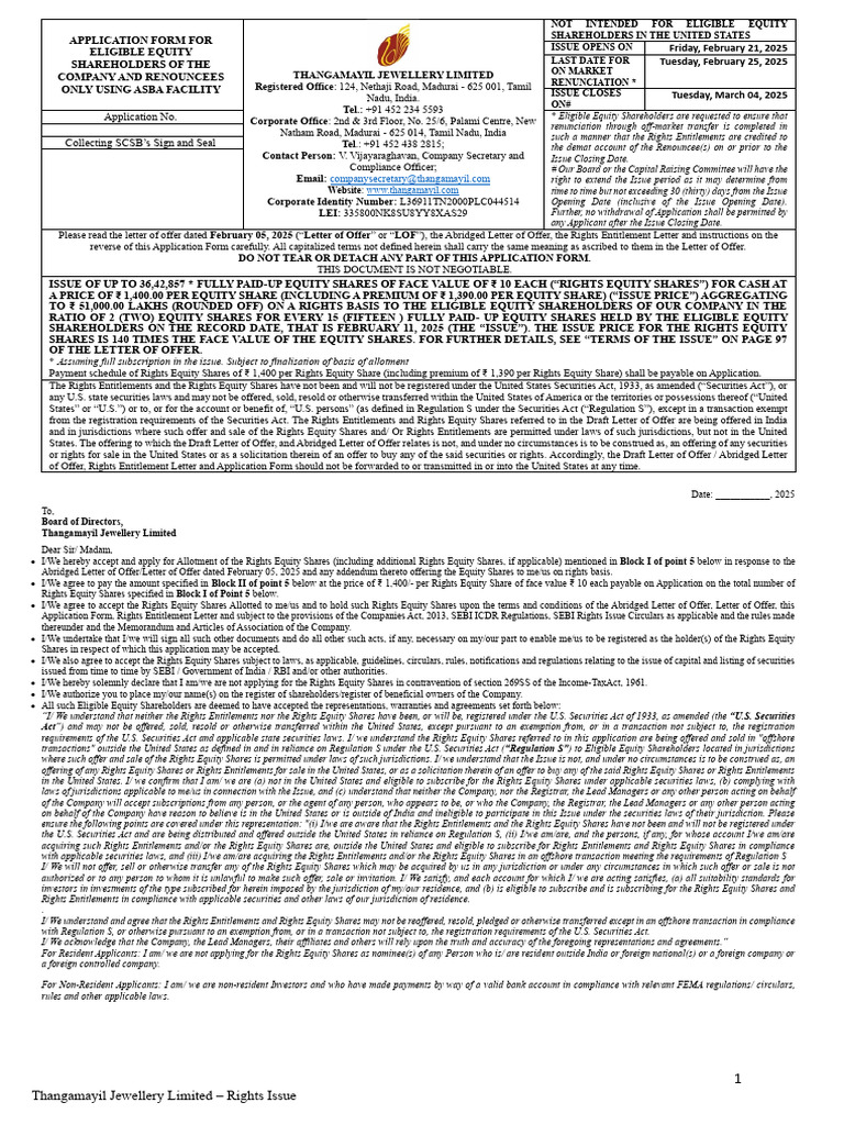 Thangamayil Jewellery Limited - Rights Issue_Application_Form | PDF ...