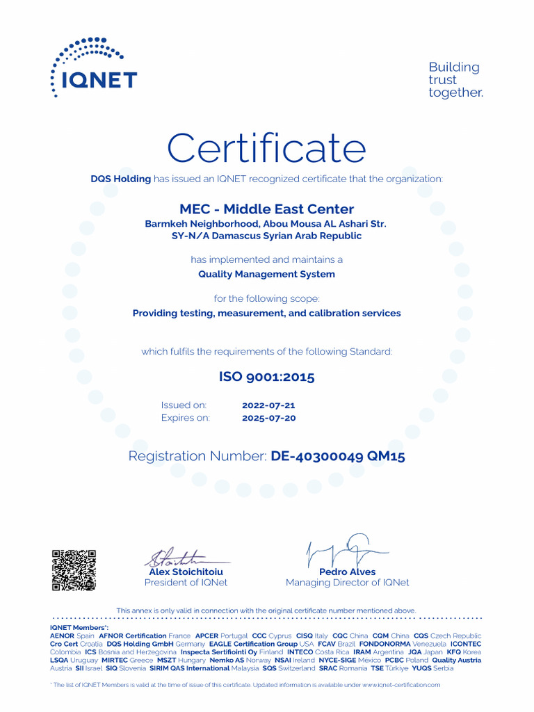 ISO 9001:2015 Quality Certificate for MEC | PDF