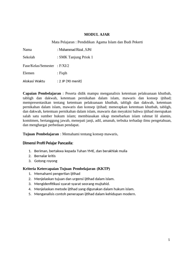 Modul Ajar Pendidikan Agama Islam Dan Budi Pekerti - Ijihad Fase F - Muhammad Rizal | PDF