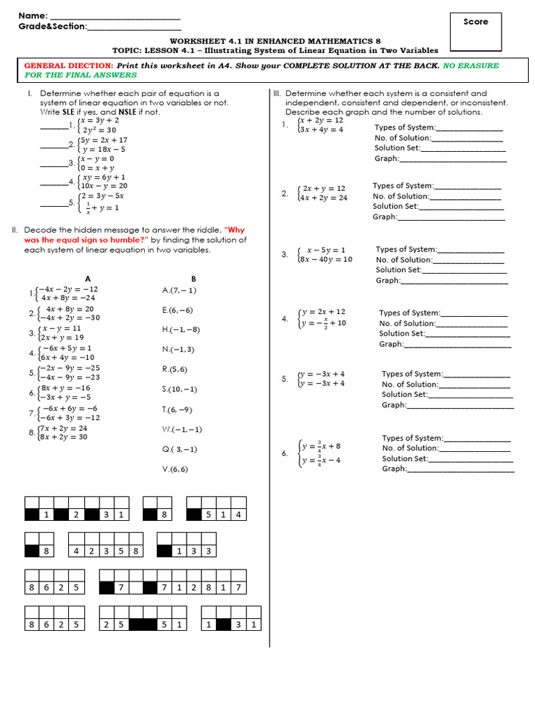 Worksheet - Lesson 4.1 - Illustrating System of Linear Equation in Two ...