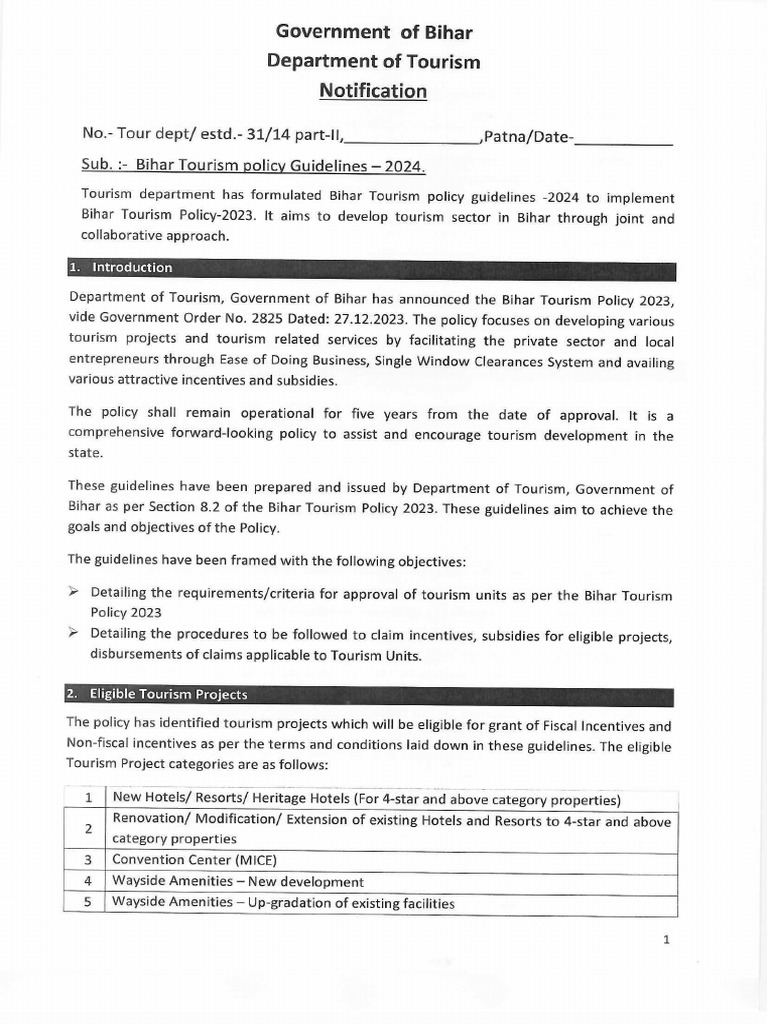 Bihar Tourism Policy Guidelines 2024 | PDF