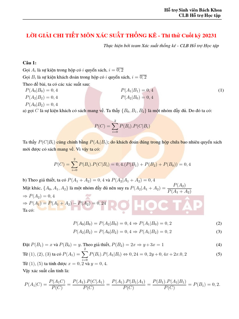 Đáp án thi thử XSTK - 20231 - CLB HTHT | PDF