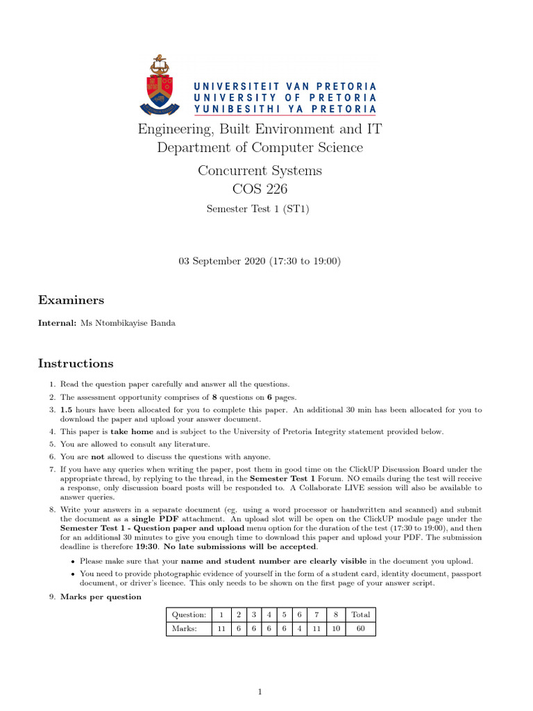 COS226 2020 - Semester Test 1 | PDF | Internet Forum | Computer Programming