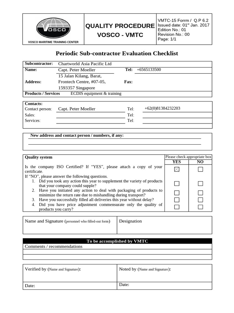 Periodic Subcontractor Evaluation Checklist (Chartworld) | PDF