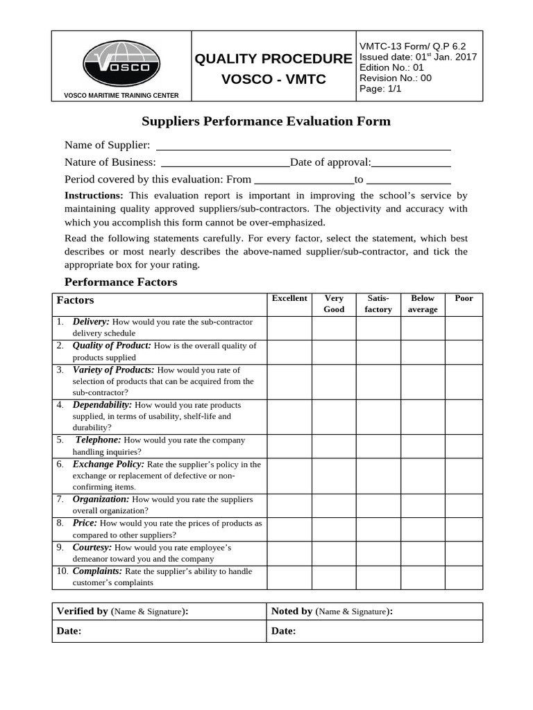 Supplier Performance Evaluation Form | PDF | Business