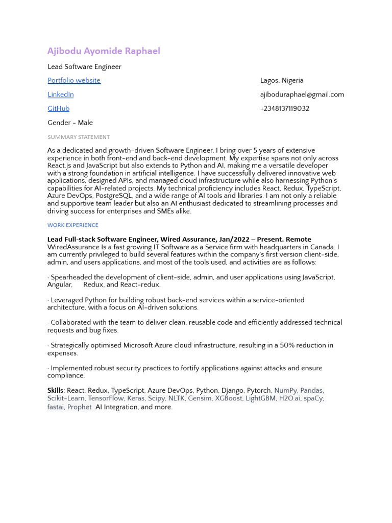 Ajibodu Ayomide Raphael Updated Resume Pdf Java Script Python Programming Language