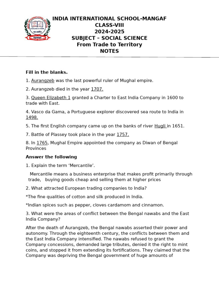 Iis W Class 8 TRADE TO TERRITORY PART-1 | PDF | East India Company