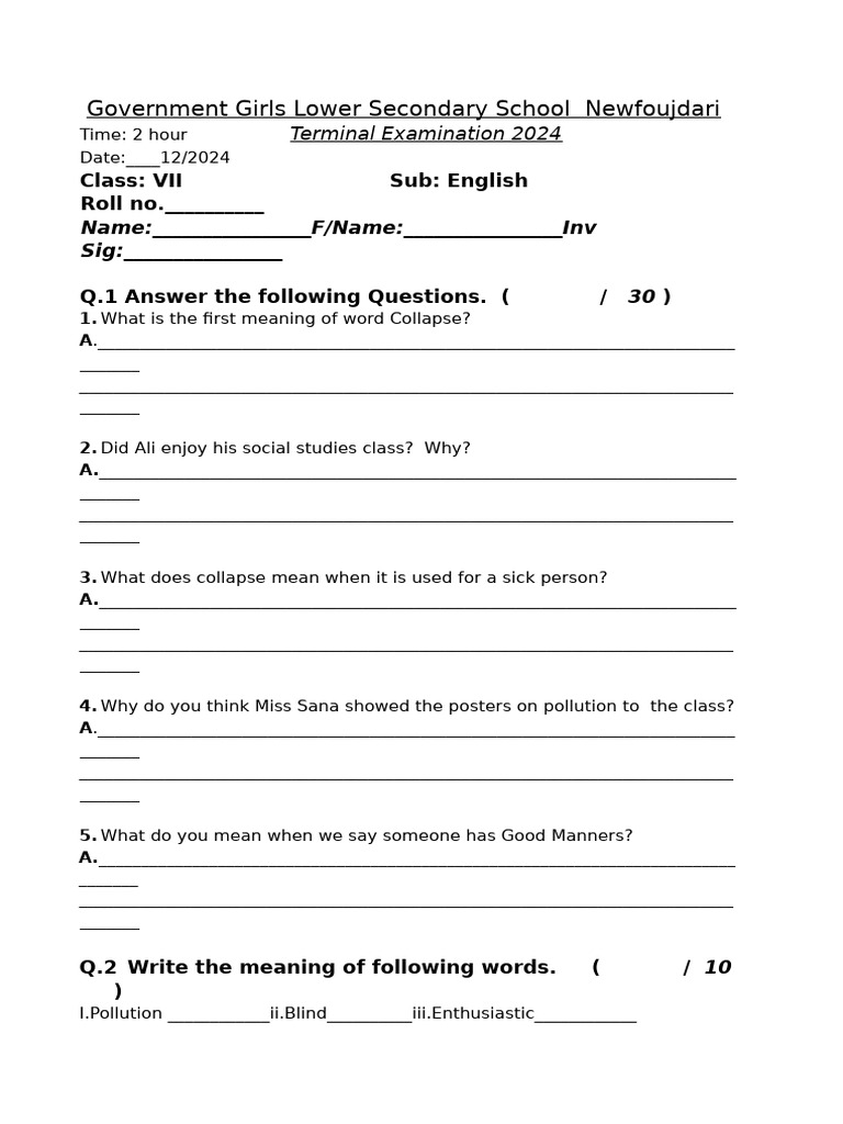 Terminal Paper ENGLISH VII Grade | PDF | Languages | Foreign Language ...