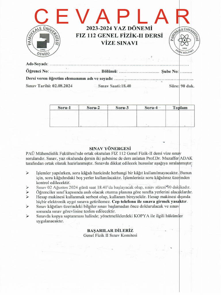 2024 Yaz Vize Sinavi Cevaplar | PDF