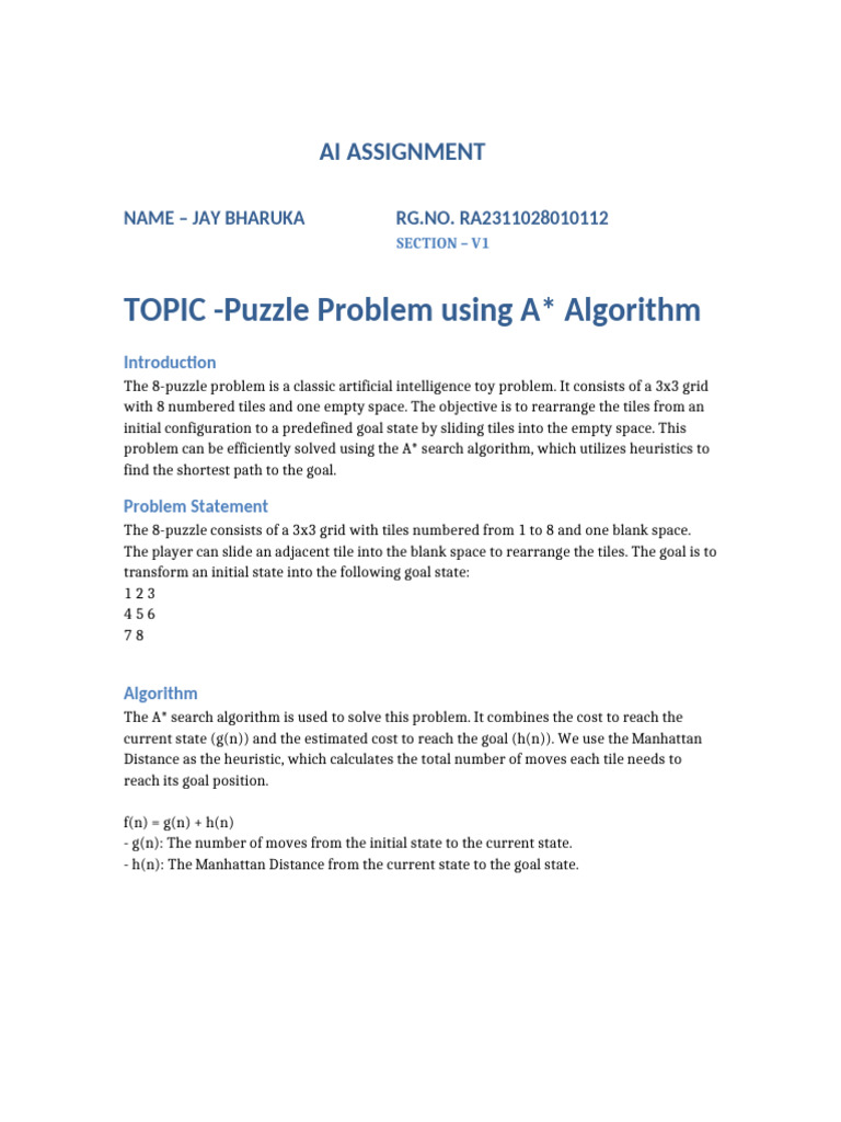 A* Algorithm for 8-Puzzle Solution | PDF | Computer Science | Computer Programming