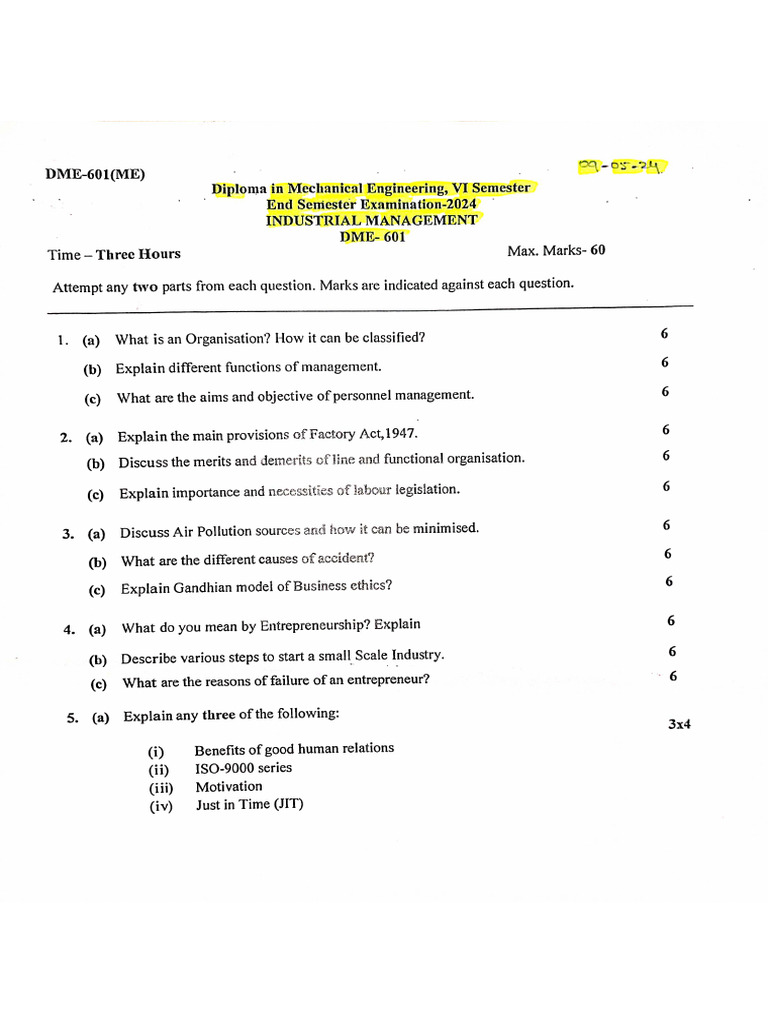DME (Mechanical) 6th Semester 2024 | PDF