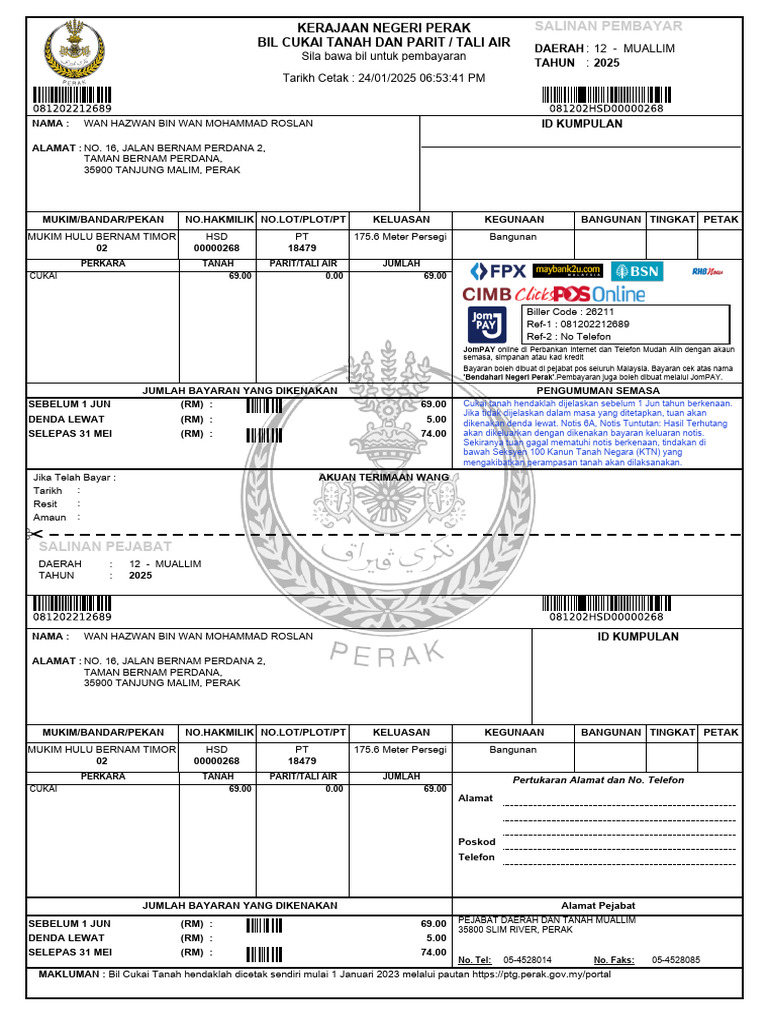 Salinan Pembayar: Kerajaan Negeri Perak Bil Cukai Tanah Dan Parit / Tali Air | PDF