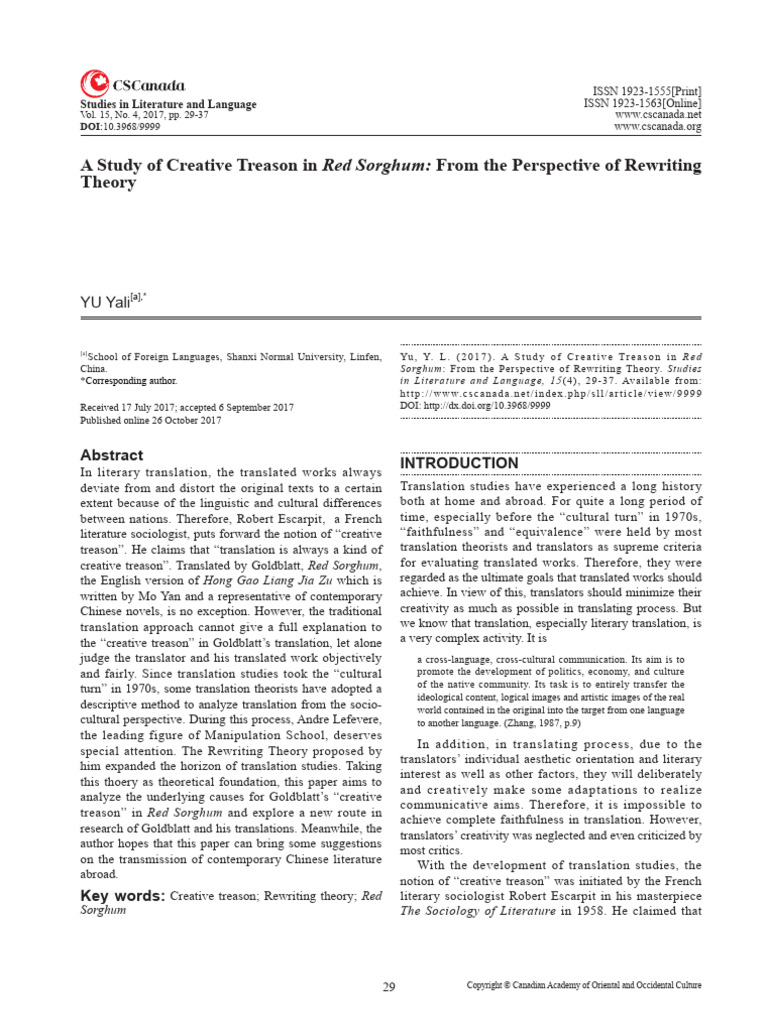 A Study of Creative Treason in Red Sorghum From The Perspective of Rewriting | PDF ...