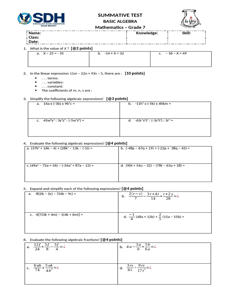 7 Summative - BASIC ALGEBRA - tipe A | PDF | Mathematical Analysis ...