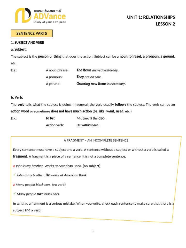 ADV - Pre-Inter - Lesson 2 - in Class | PDF | Verb | Subject (Grammar)