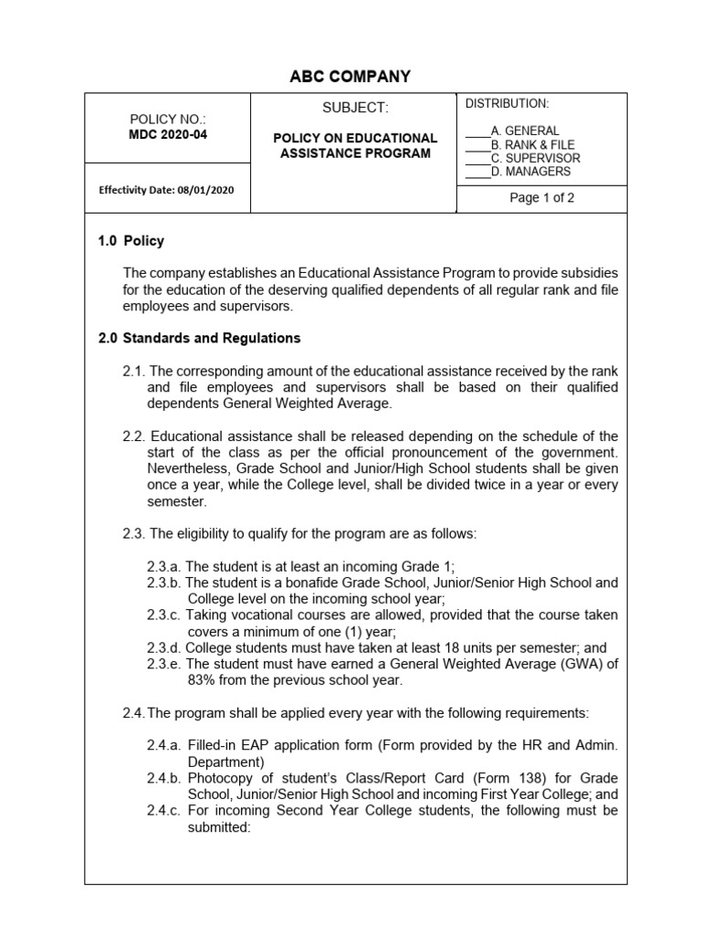 ABC Company Educational Assistance Policy | PDF