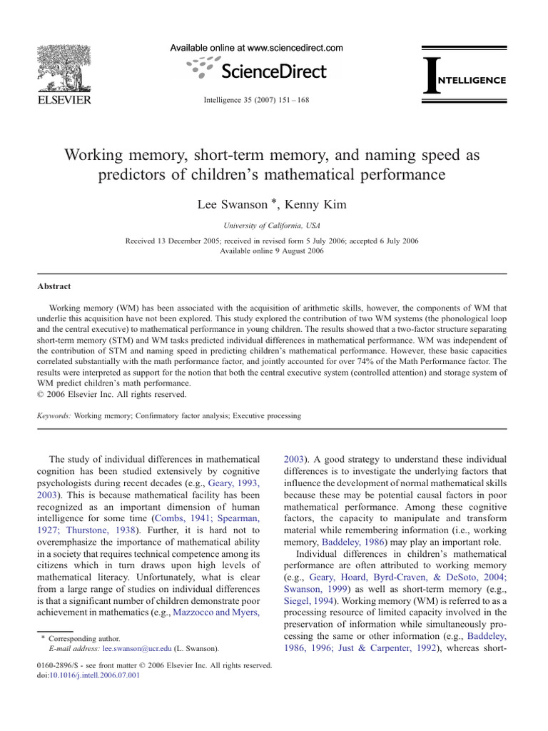 swanson2007 | PDF | Working Memory | Memory