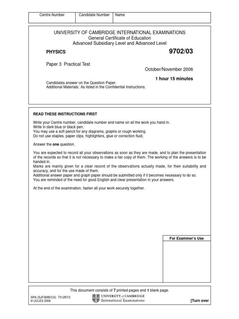 Cambridge A AS Level Physics Paper 3 Winter 2006 | PDF