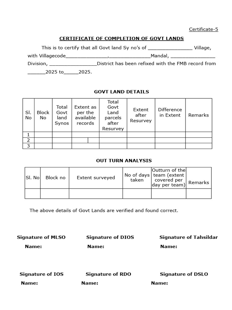 Certificate of Completion for Govt Lands | PDF