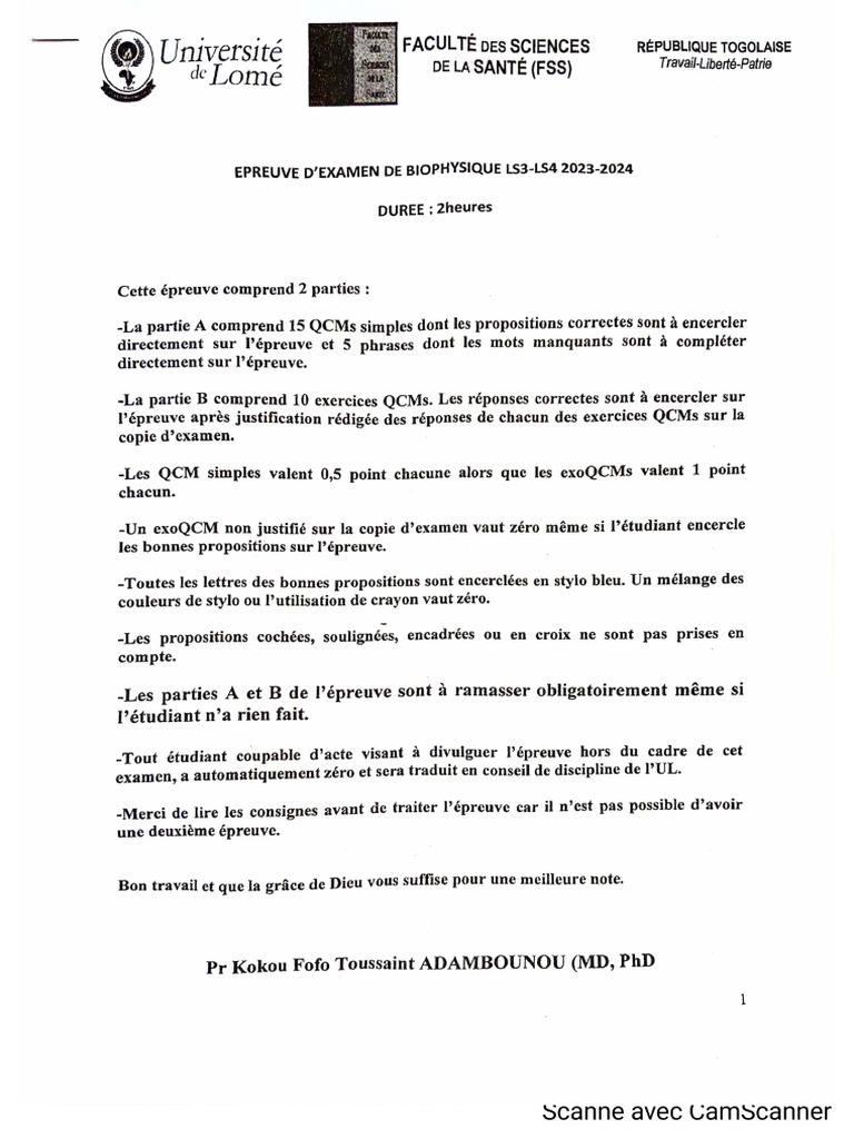 Examen BIOPHYSIQUE (2023-2024) | PDF