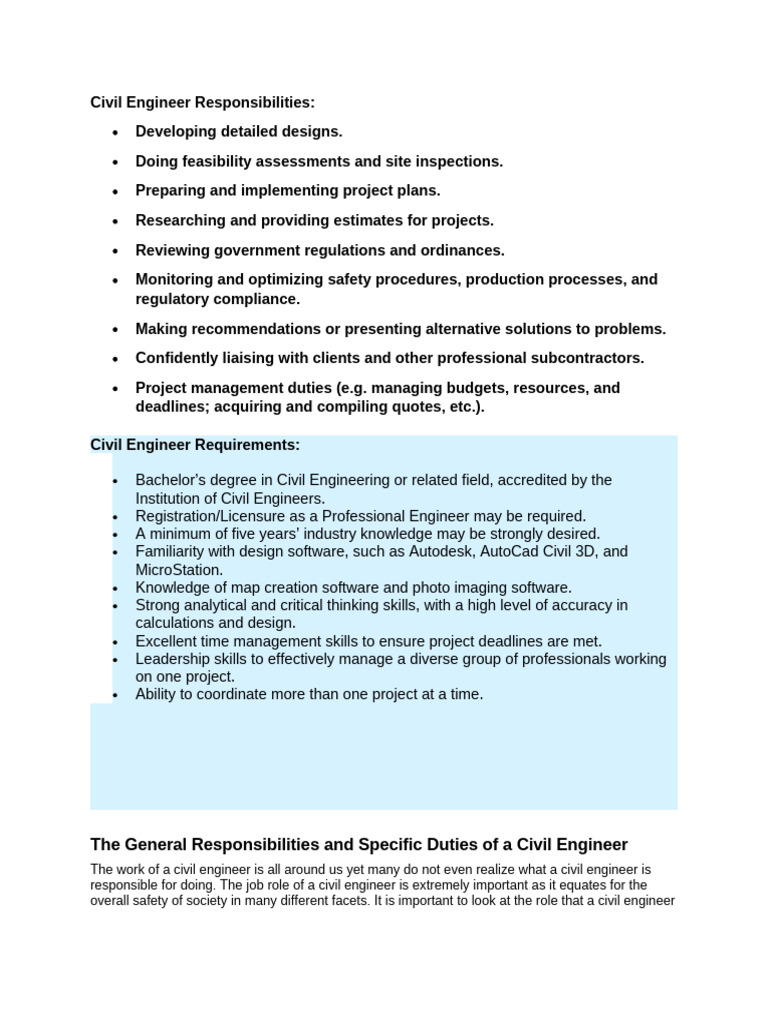 Civil Engineer Responsibilities | PDF | Engineer | Civil Engineering